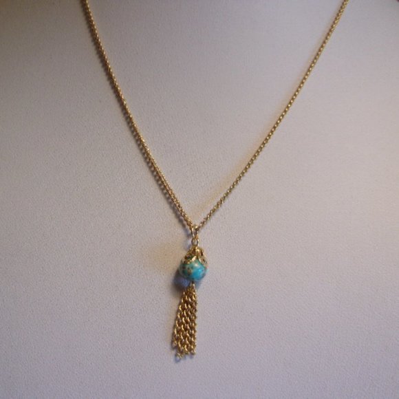Vintage | Jewelry | Vintage Mottled Blue Bead Tassel Pendant Necklace ...